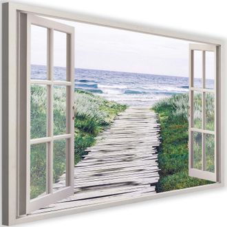 Feeby Leinwand Bilder - Fensterblick Natur Meer Landschaft - Vlies 45x30 cm - Deko Wohnzimmer - Wandbilder Schlafzimmer - Deko Aesthetic - Wand Deko - Leinw