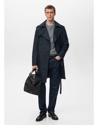 Mango Trenchcoat aus Baumwollmix in Marineblau mit G&uuml;rtel