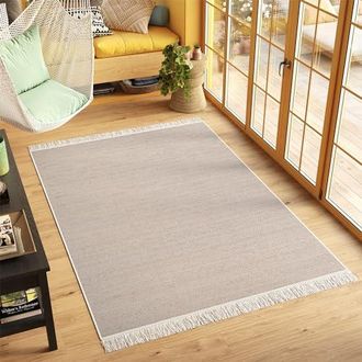 Tapiso Azteca Tapis en Coton &agrave; Franges Lavable R&eacute;versible Moderne Beige Mouchet&eacute; Tapis Salon Chambre Petit Tapis Descente de Lit Tapis de Passage Oeko-TEX 14