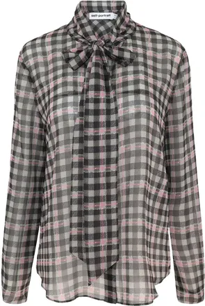 Self Portrait Check Chiffon with Pussy-Bow Blouse - Brown