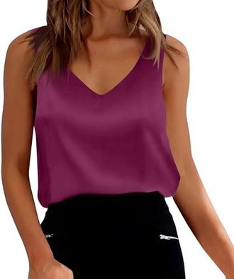Generic D&eacute;bardeurs en satin pour femme avec col en V et sans manches - Camisole d&eacute;t&eacute; basique - Haut de travail, Violet fonc&eacute;, XS