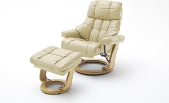 Robas Lund Relaxsessel Calgary XXL mit Hocker, bis 180 kg belastbar, Echtleder creme, Gestell Holz natur