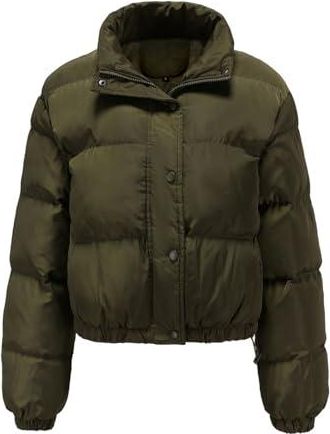 Generic Doudoune courte pour femme, manteau surdimensionné à col montant avec double fermeture pour lautomne et lhiver, style décontracté, vert militaire, XXL