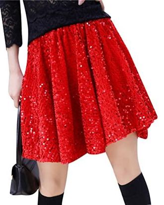Minetom Femmes Jupe Soir&eacute;e Danse F&ecirc;te &Eacute;l&eacute;gante Paillettes Brillantes Elastique Court Mini Jupe Skirt Costume de Club C Rouge XS