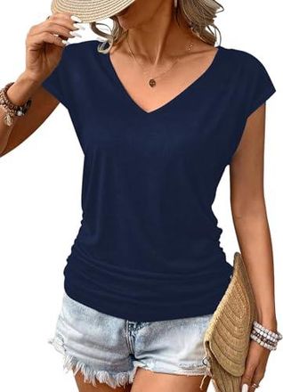 Zeagoo Haut Élégants pour Femme Débardeur Plissé Col en V sans Manche Chemise Dété Décontractée Tunique Basique Unie Bleu Marine XL