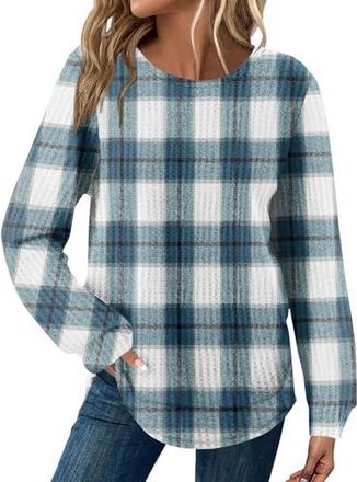 Generic Pull Femme Hiver Chaud col Rond D&eacute;contract&eacute; Jumper Tops Mode Ample Imprim&eacute; &agrave; Carreaux Pull Femme Chic et &eacute;l&eacute;gant Manche Longue Sweatshirts Bleu