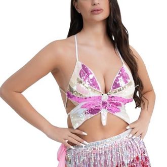 Generic V&ecirc;tements de yoga pour femme avec paillettes et papillons avec col, Rose, taille unique