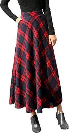 Generic Jupes tartan rouge pour femme - Jupe trap&egrave;ze taille haute - Jupe &eacute;vas&eacute;e &agrave; volants - Jupe longue trap&egrave;ze - Jupe midi fluide - Jupes &eacute;paisses pour femme