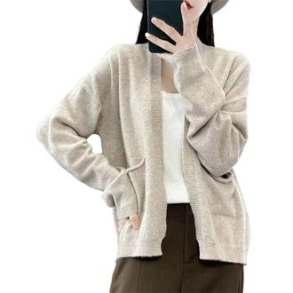 Generic Cardigan tricot&eacute; en laine fine m&eacute;lang&eacute;e &agrave; col en V sans boucle pour femme, Camel, XS