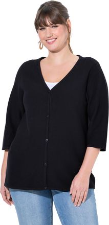 Ulla Popken Damen Strickjacke, V-Ausschnitt, 3/4-arm, Biobaumwolle Femininer Kurz-Cardigan Mit Knopfleiste, Schwarz, 50-52 Große Größen EU