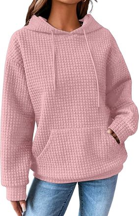 Dokotoo Kapuzenpullover Damen Hoodie Waffel Pullover mit Taschen Kordelzug Sweatshirt Herbst Winter Einfarbig Langarmshirt L&auml;ssig Oberteile Rosa 2XL