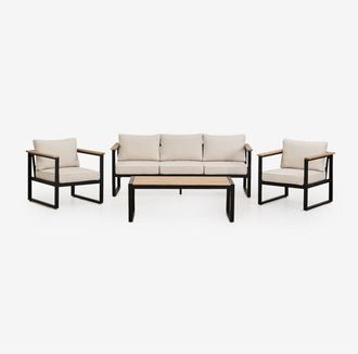 Sklum Gartenset mit einem 3-Sitzer-Sofa, 2 Sesseln und einem Couchtisch aus Aluminium und Lipov-Akazienholz. Schwarz