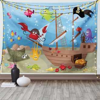 Abakuhaus Pirat Wandteppich und Tagesdecke, Schiff Unterwassertiere aus Weiches Mikrofaser Stoff Waschbar ohne Verblassen Digitaldruck, 230 x 140 cm, Rot Aqua