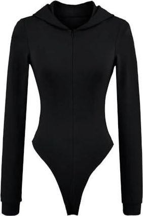 Generic YUJIEBB Body &agrave; capuche &agrave; manches longues pour femme Printemps Automne Couleur unie &Eacute;lastique Slim Tops Combinaisons, Noir, S