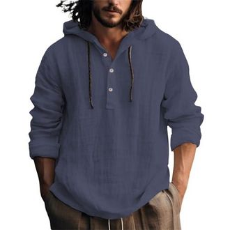 Generic Chemises en lin pour homme, chemise &agrave; manches longues, chemises Henley &agrave; capuche, couleur unie, grande taille, chemise d&eacute;t&eacute; surdimensionn&eacute;e, hauts &agrave; d