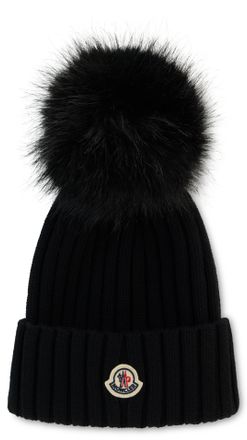 Moncler L20933B00039 Ribbed Knit with Faux Fur Pom-Pom Beanie - Black