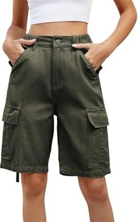 Generic Bermuda cargo pour femme, extensible, taille haute, 6 poches, longueur genou, vert militaire, XXL