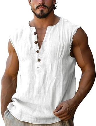 Generic DENGJIAMY D&eacute;bardeurs de plage pour homme D&eacute;contract&eacute; d&eacute;t&eacute; Coupe Off T-shirt tendance &agrave; col rond sans manches pour homme Mode Solide V&ecirc;tements, blanc, 
