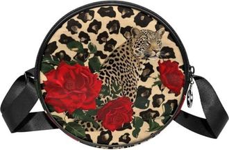 Generic Petit sac &agrave; bandouli&egrave;re rond pour femme, imprim&eacute; l&eacute;opard roses, sac &agrave; dos avec fermeture &eacute;clair, bretelles r&eacute;glables, sac &agrave; main rond d&eacute;contract&eacute; pour