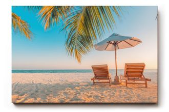 Paul Sinus Art Sinus Art Wandbild 120x80cm Zwei Sonnenliegen am Palmenstrand mit Schirm vor blauem Himmel für entspannte Wirkung