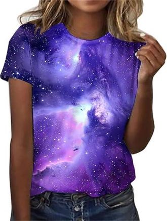 Generic T-shirt pour femme Space Galaxy | T-shirt graphique doux &agrave; col rond et manches courtes, haut d&eacute;t&eacute; l&eacute;ger et d&eacute;contract&eacute; pour les vacances, les festival