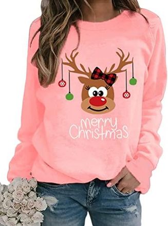 Onsoyours Femme Sweatshirt Automne Hiver NoëL Sweat Christmas Wapiti avec Renne Imprimé à Manches Longues T-Shirt Ample Pull Col Rond Top Sweats Rose XS