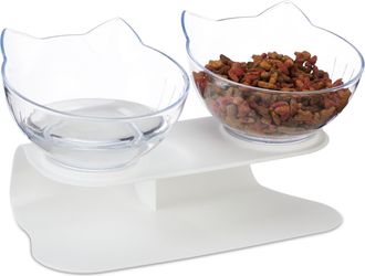 Relaxdays Katzen Doppelnapf, 2 Fressnäpfe, 500ml, HBT 16x27,5x13,5 cm, Fressnapfset, Wassernapf erhöht, weiß/transparent