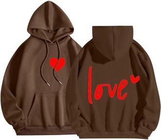 Generic 2026 Sweat &agrave; capuche &agrave; manches longues pour la Saint-Valentin et la Saint-Valentin pour femme Imprim&eacute; lettre l&eacute;g&egrave;re ample, marron, XXL