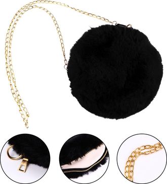 Supvox Bequeme Pl&uuml;schtasche Kleiner Umh&auml;ngetasche Damen Runder Beutel Schwarz mit Kettenriemen f&uuml;r Alltag und Reisen