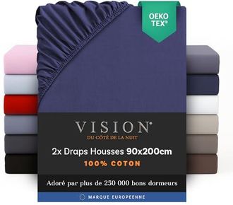 Vision Streetwear Drap Housse - 100% Coton Lit Simple (90x200 cm) - Lot de 2 - Bleu | Coins &Eacute;lastiqu&eacute;s | Tissage Serr&eacute;: 57 Fils | Convient aux Matelas Jusqu&agrave; 30 cm | Do