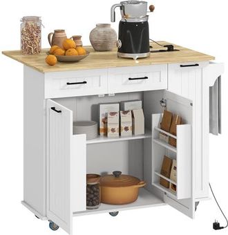 HOMCOM &Icirc;lot Central Cuisine Mobile avec Prise de Courant et Port USB desserte Cuisine &agrave; roulettes avec Tablette &agrave; abattant 2 tiroirs 2 placards &eacute;tag&egrave;re r&eacute;gla