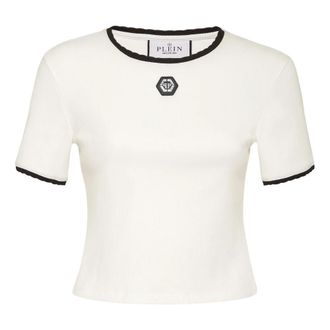 Philipp Plein Femme, Tops, Beige, Taille: 44 FR T-shirt Round Neck SS Rib