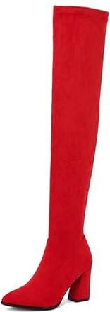 Generic Bottes montantes en daim synth&eacute;tique pour femme - Bout pointu - Talon bloc - &Agrave; enfiler, Rouge, 40.5 EU