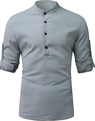 Generic Chemise d&eacute;t&eacute; en coton et lin pour homme - Haut d&eacute;contract&eacute; de couleur unie - Col montant - Chemisier &agrave; manches longues - Haut tendance - Coupe droite,