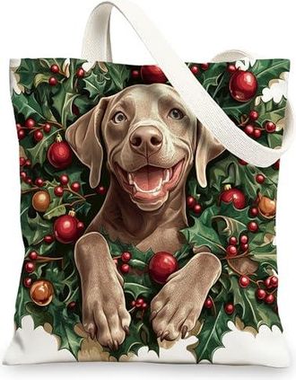 Generic Sac fourre-tout en toile motif chien de Weimar de Weimar de No&euml;l pour faire du shopping, 33 x 38,1 cm, sac &agrave; bandouli&egrave;re r&eacute;utilisable pour femme, pein