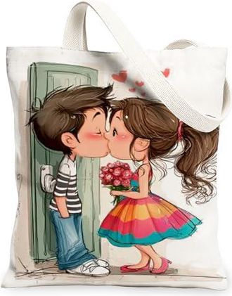 Generic Sac fourre-tout en toile pour couple mignon, motif baisers ludiques, sacs d&eacute;picerie l&eacute;gers et lavables, parfaits pour le printemps et l&eacute;t&eacute;, blanc, 13x