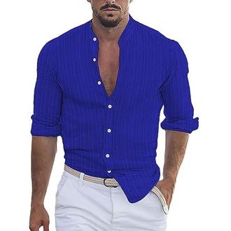 Generic Chemise &agrave; manches longues en mousseline de lin pour homme - Chemise boutonn&eacute;e - Chemise de loisirs - Jacquard ray&eacute;e - Col montant - Coupe normale - Ma
