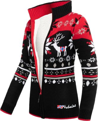 Nebulus Damen Norweger Strickjacke SVERRE, gefütterte Jacke, mit Reißverschluss, schwarz-rot - S/36