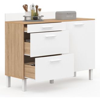 IDMarket Buffet bas de cuisine 120 cm casserolier cina plan de travail H.83 cm 1 porte + 3 tiroirs fa&ccedil;on h&ecirc;tre et blanc