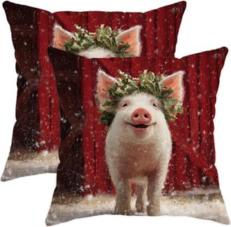 Generic Kissenbezug mit Schweinen, weihnachtlicher Kranz, Schnee, Weihnachten, weicher Samt, waschbar, Couch-Kissenbez&uuml;ge f&uuml;r Wohnzimmer, Wohnung, Bett, Sofa,