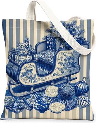 Generic Sacs fourre-tout dhiver vintage en toile avec motif tra&icirc;neau - &Eacute;l&eacute;gants et r&eacute;utilisables - L&eacute;gers et lavables - Pour voyage, plage, Bleu, 13x15 Inch