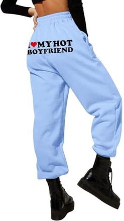 Generic Pantalon de jogging tendance pour la Saint-Valentin 2026 pour femme, pantalon de surv&ecirc;tement avec poches, taille haute, coupe athl&eacute;tique, bleu, XL