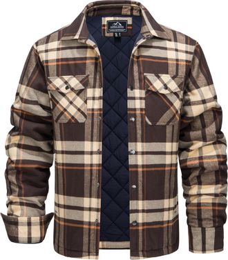 KEFITEVD Holzf&auml;ller Jacke Herren Baumwolle Kariert Hemd Arbeitsjacke mit Brusttasche Winter Langarm Hemdjacken Braun 2XL