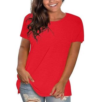 Generic T-shirt long pour femme - D&eacute;contract&eacute; - Couleur unie - Coton - Col rond - Manches courtes - Chemises amples - Hauts d&eacute;contract&eacute;s - 5X T-shirts pour fe