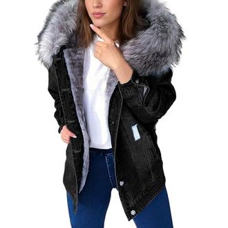 Generic Veste en jean &agrave; capuche en polaire chaude avec doublure en fausse fourrure pour femme - V&ecirc;tement dext&eacute;rieur surdimensionn&eacute; &agrave; manches longues, Noir, 5X