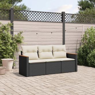 vidaXL 3-tlg. Garten-Sofagarnitur mit Kissen Schwarz Poly Rattan - Vidaxl