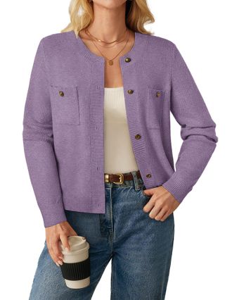 Grace Karin Damen Langarm Rundhals Cardigan Elegant Leichte Elastisch Cardigan Festliches Outfit CL309-09/Lila XXL