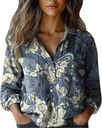 Minetom Chemisier Femme Vintage Boho Blouse Shirts Tops Décontracté Manches Longues Imprimé Tunique Hauts avec Boutons A Bleu 1 L