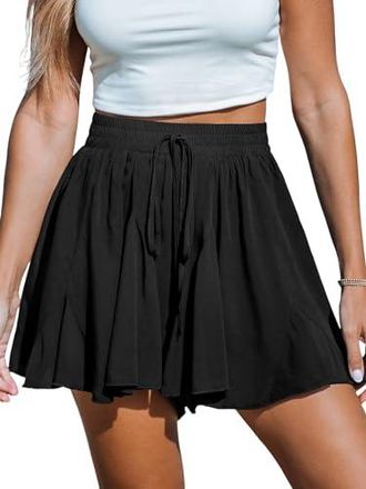 Cupshe Short ample décontracté à taille élastique pour femme - Jambe évasée - Cordon de serrage - Confortable - Comme une jupe large, Noir, L