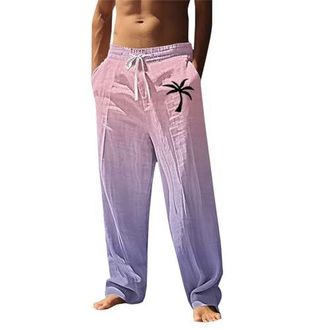 Generic Pantalon baggy en coton et lin pour homme - Pantalon en lin - Imprim&eacute; cocotier - Jambe droite - Pantalon d&eacute;contract&eacute; - Pour l&eacute;t&eacute;, la plage, les voyage